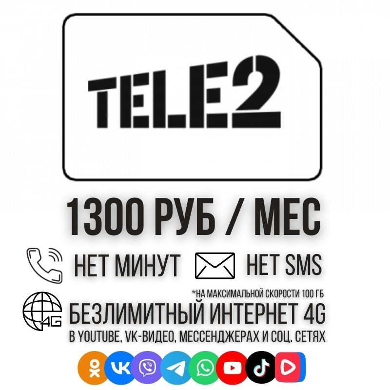 SIM-карта Сим карта Безлимитный интернет Youtube, VK-видео и мессенджеры 1300 руб. в месяц ...
